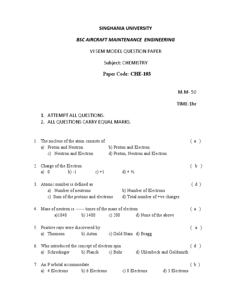 Chemistry Model Question Paper | PDF | Neutron | Electron