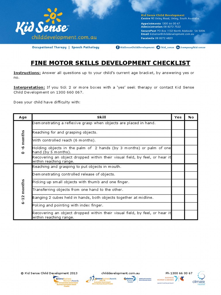 Fine Motor Skills Checklist PDF | PDF