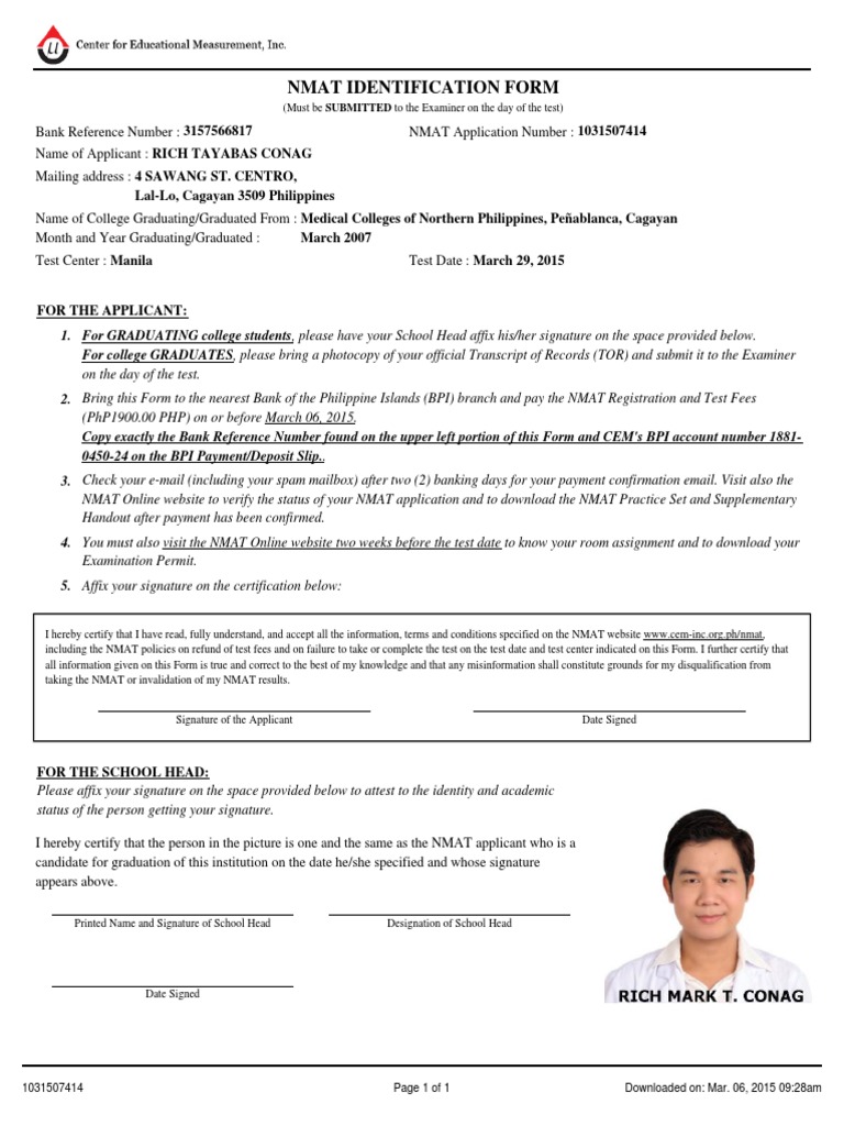 NMAT ID Form-1031507414 PDF | PDF | Email | Test (Assessment)