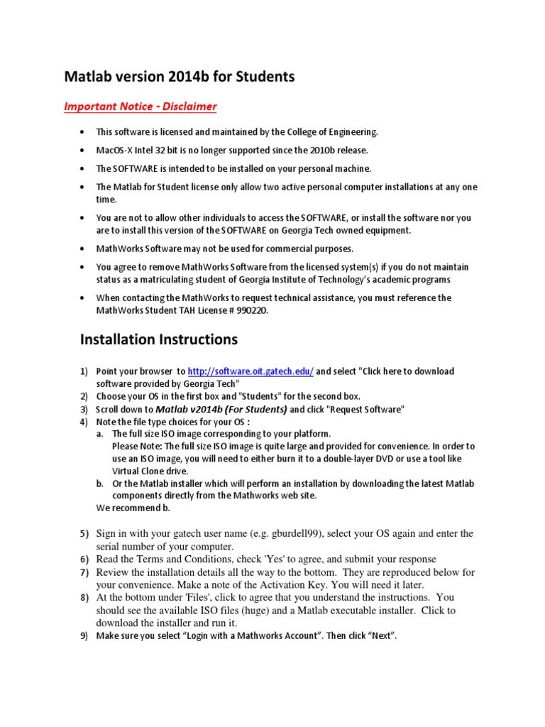 Installation and License Agreement Instructions for Matlab 2014b for ...