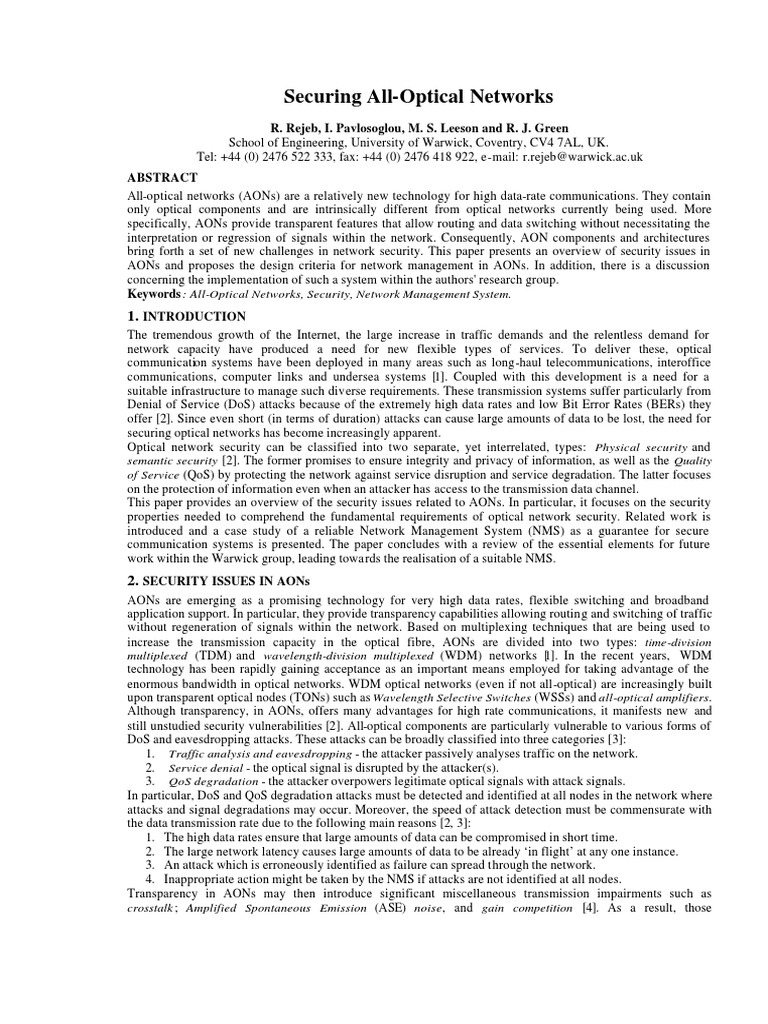 Securing All-Optical Networks | PDF | Wavelength Division Multiplexing | Computer Network