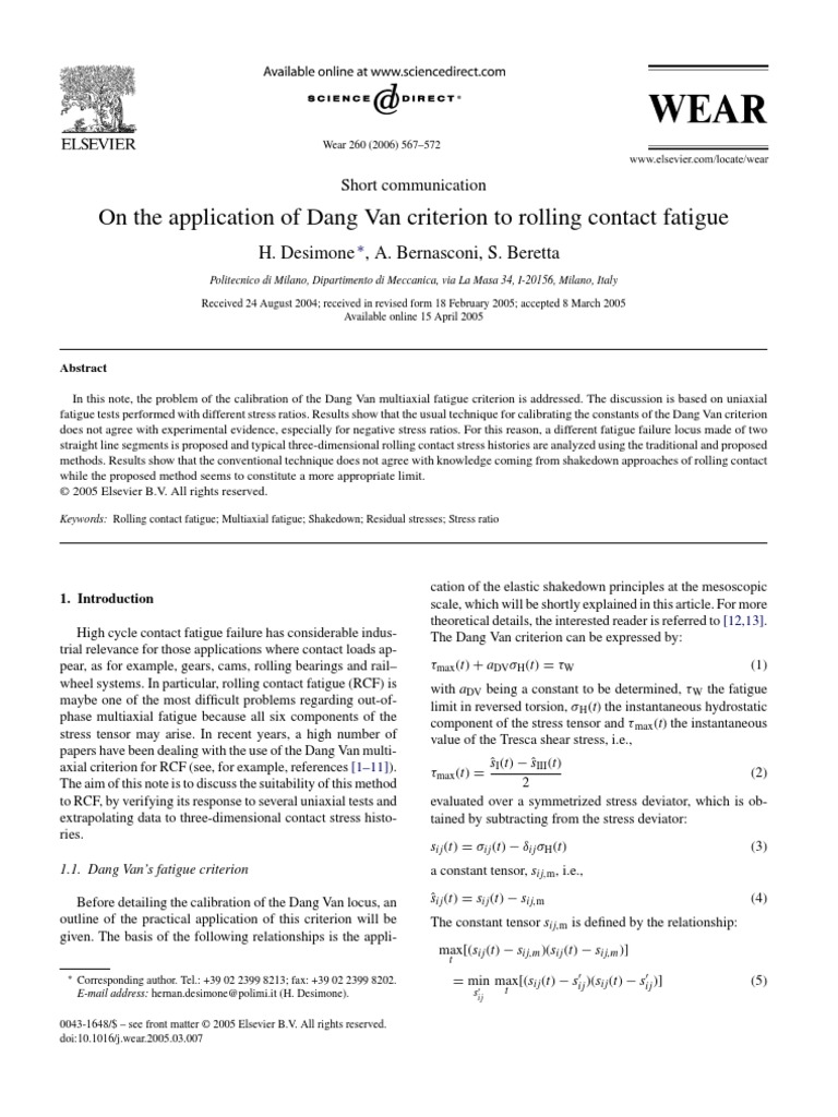 On The Application of Dang Van Criterion To Rolling Contact Fatigue ...