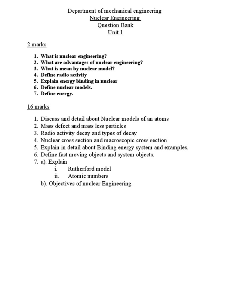 Nuclear Engineering Question Bank | PDF | Nuclear Reactor | Nuclear Fuel