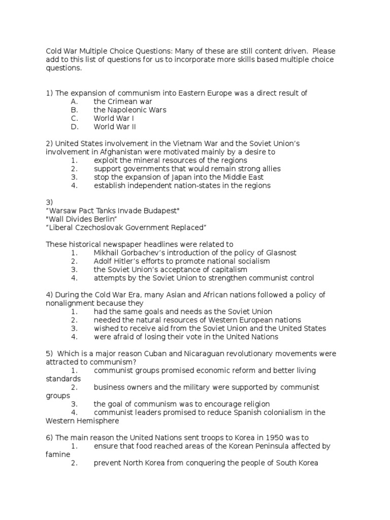 Cold War Multiple Choice Questions Guide | PDF | Cold War | Soviet Union