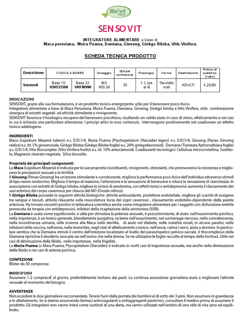 Scheda Tecnica Sensovit | PDF