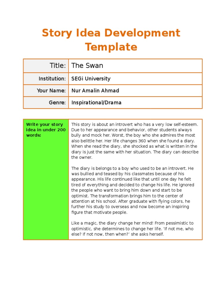 Story Idea Development Template: Title: The Swan | PDF