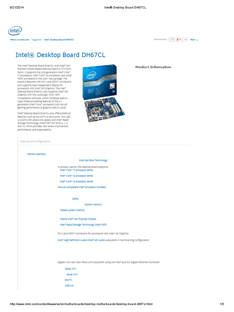 Intel® Desktop Board DH67CL | PDF | Intel | Desktop Computer
