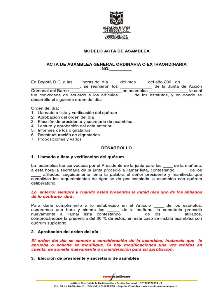Modelo Acta Asamblea 1 | PDF | Gobierno | Política (general)