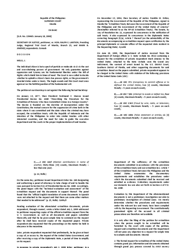 Secretary of Justice vs. Hon. Ralph Lantion | PDF | Extradition | Due ...