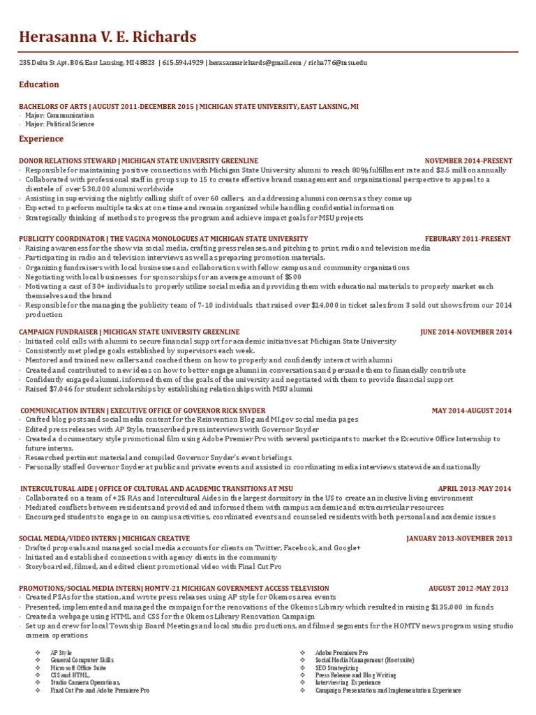 Resume Spring2015 | PDF | Michigan State University | Fundraising