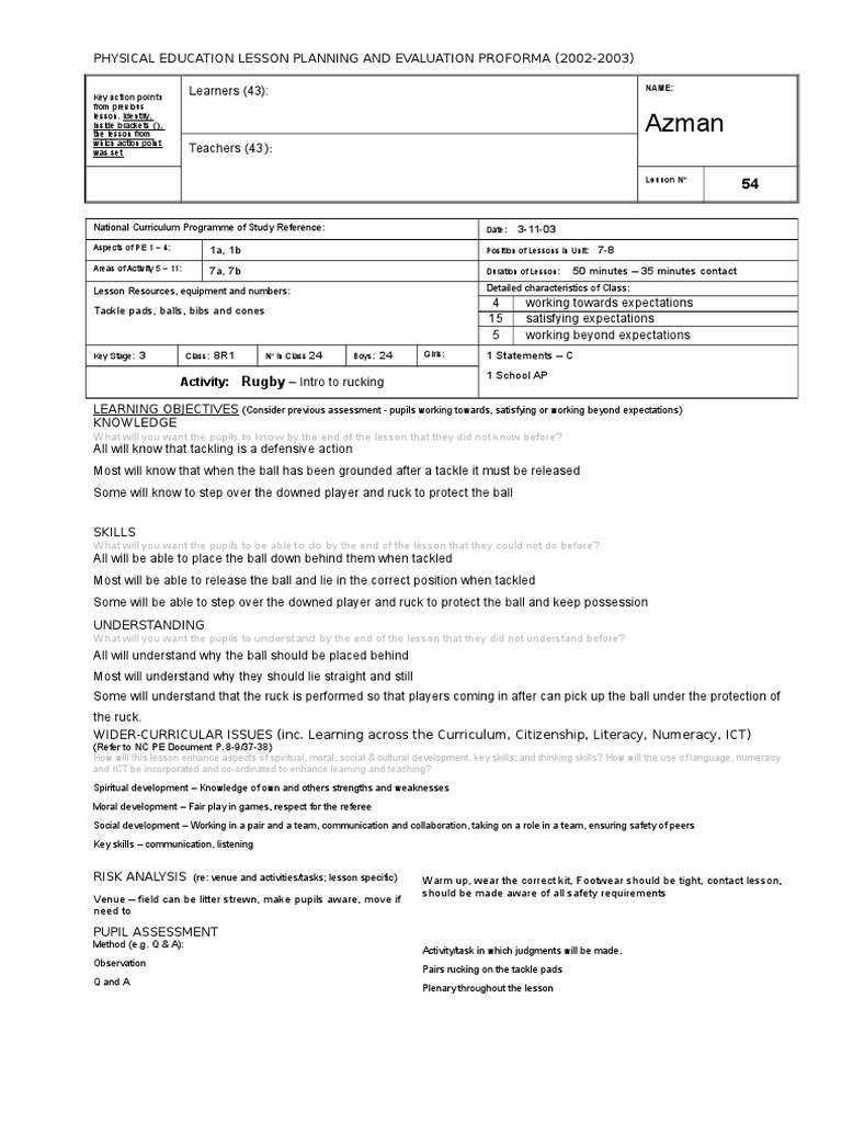 Contoh Lesson Plan Pe Pdf Physical Education Learning