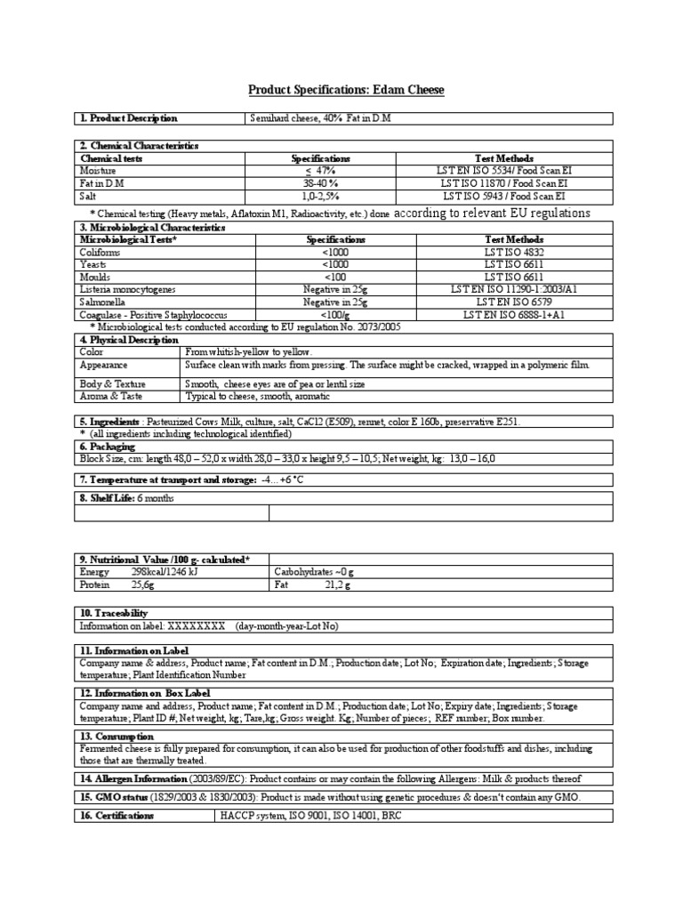 Edam Cheese Product Specifications | PDF | Cheese | Foods