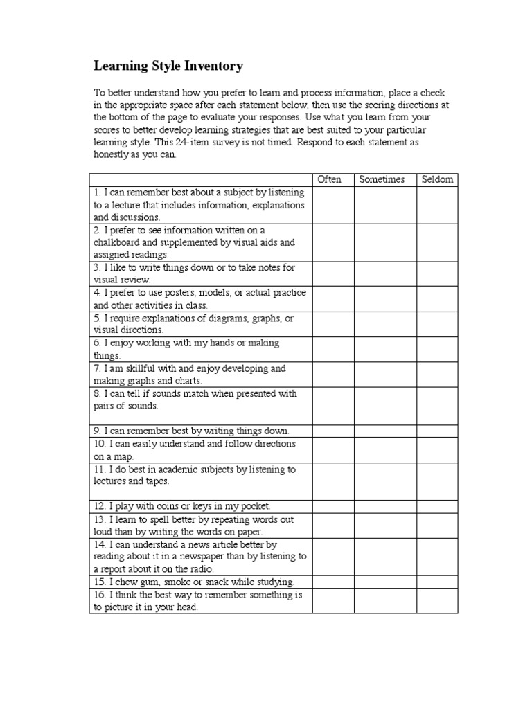 Learning Style Assessment Survey | PDF | Learning Styles | Reading ...