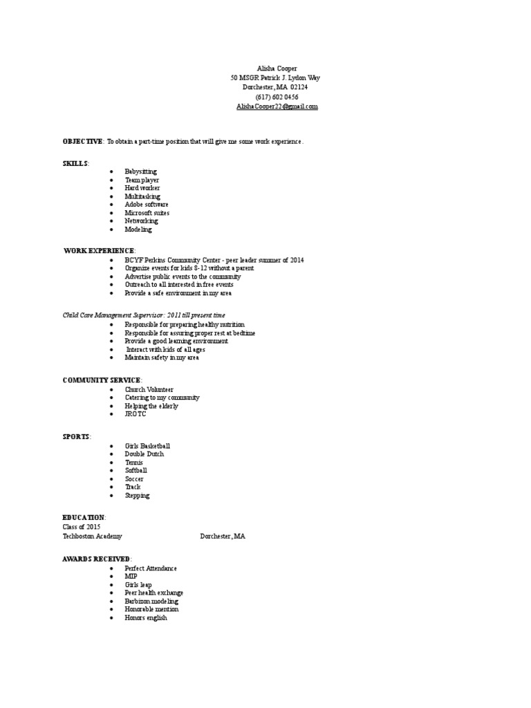 Alisha Cooper's Resume for Part-Time Job | PDF | Career & Growth
