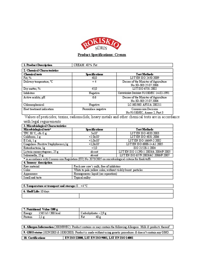 Cream Product Specifications and Analysis | PDF | Milk | Chemistry