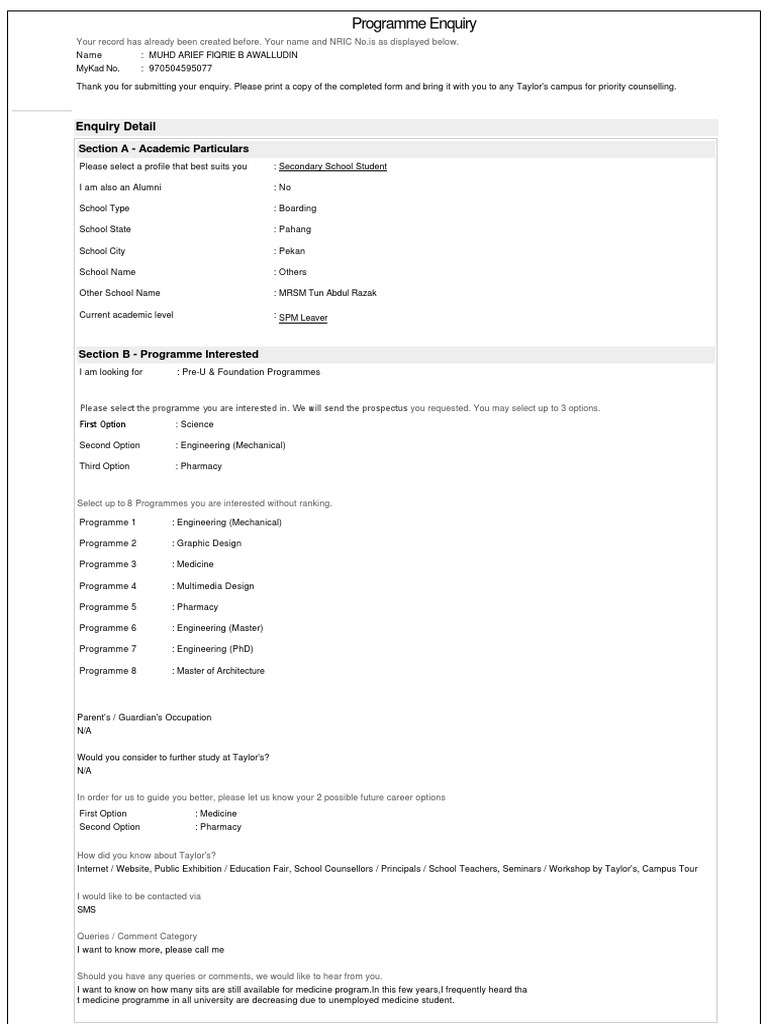 Enquiry Detail Section A - Academic Particulars | PDF