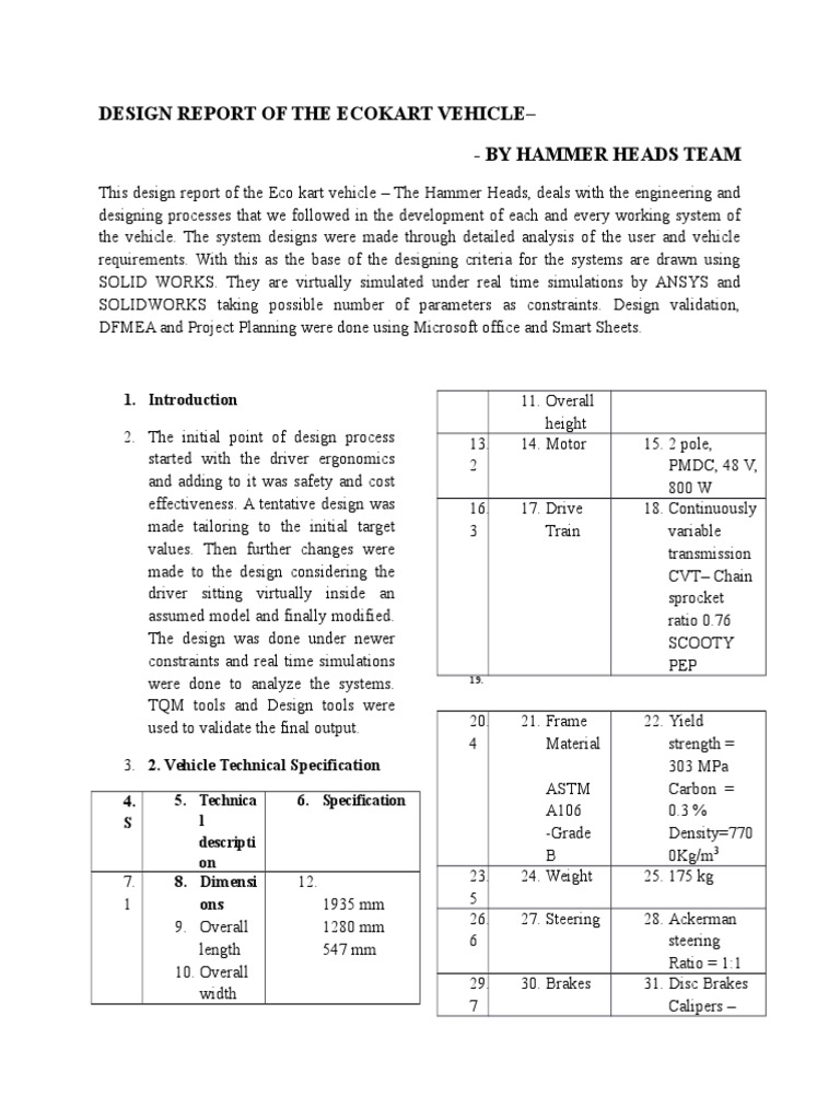 Design Report of The Ecokart Vehicle - by Hammer Heads Team | PDF ...