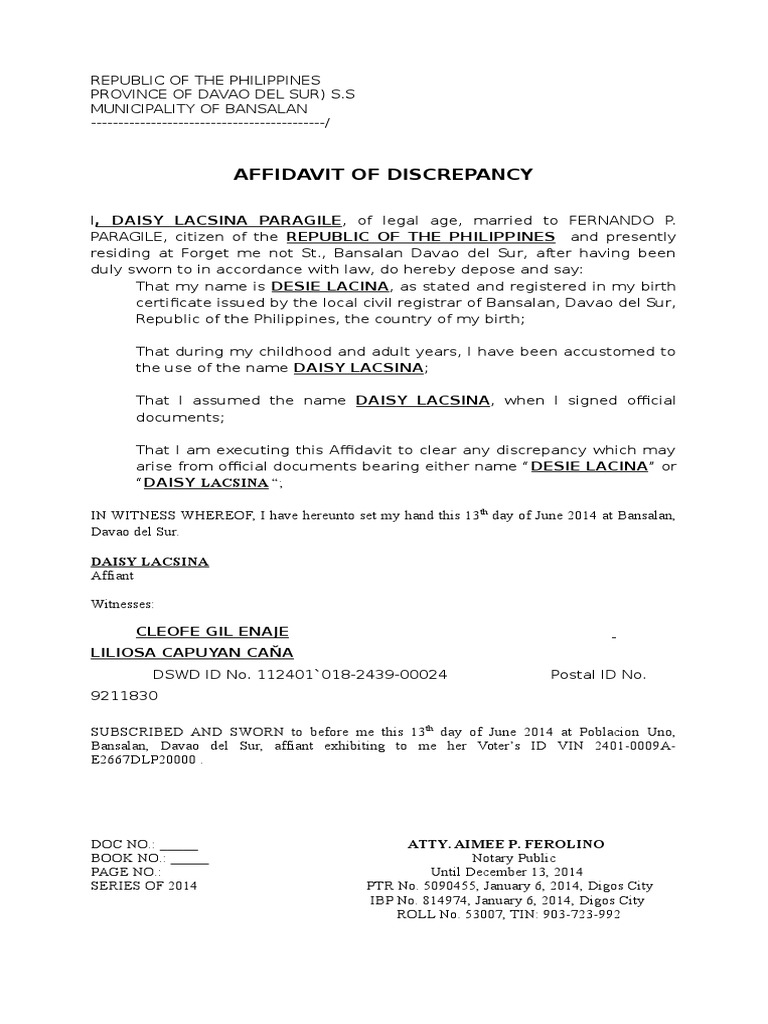 Affidavit of Name Discrepancy | PDF | Affidavit | Official Documents