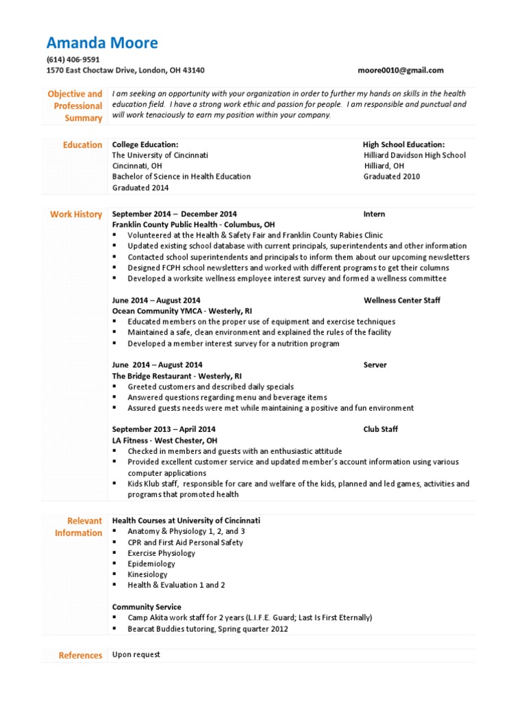 Health Education Resume of Amanda Moore | PDF