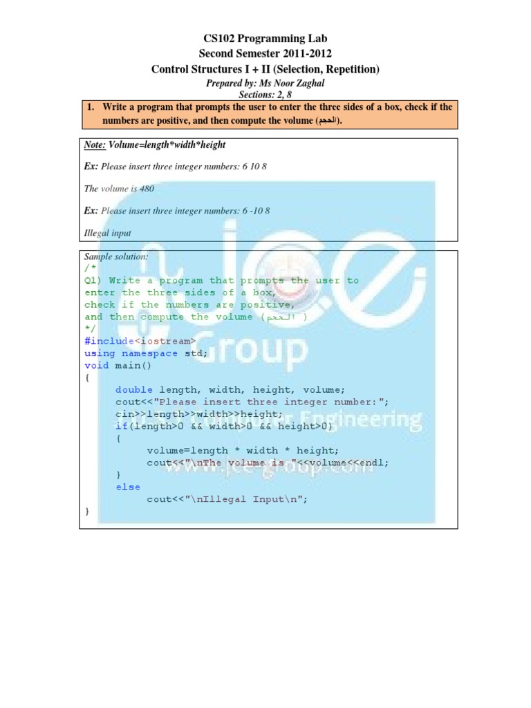 CS102 Programming Lab Second Semester 2011-2012 Control Structures I + II (Selection, Repetition ...