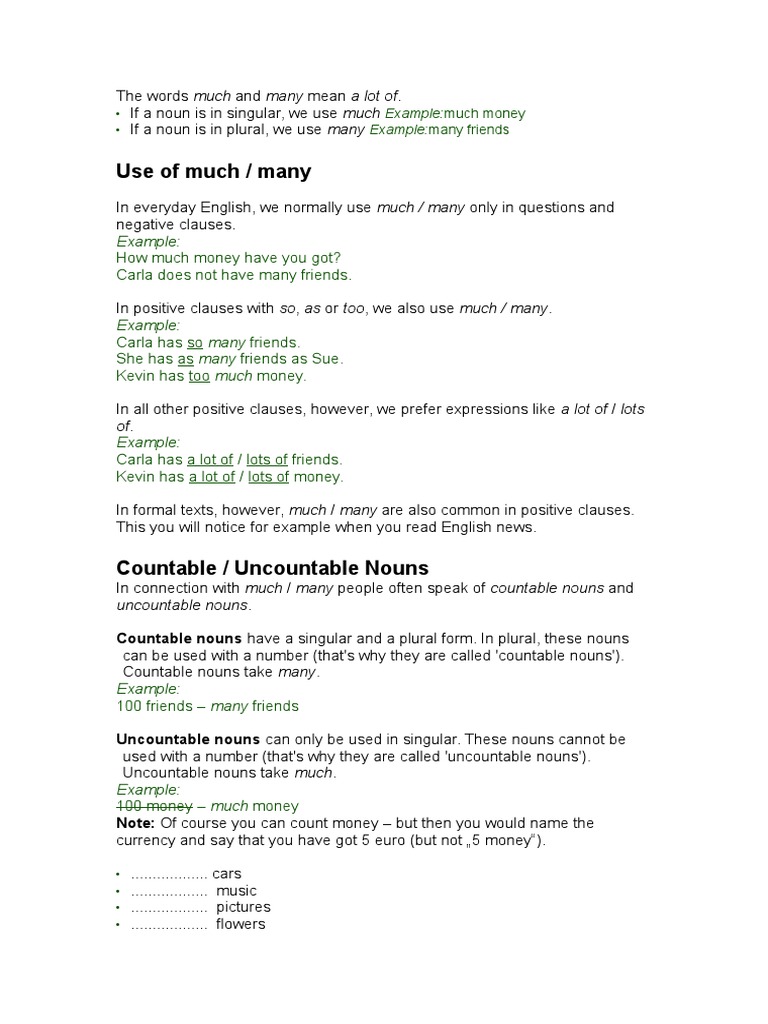 Understanding Much vs. Many in English | PDF | Noun | Grammatical Number