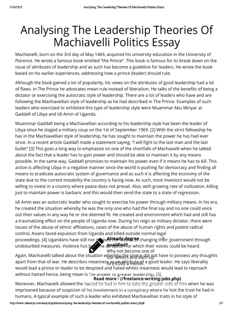 Analysing The Leadership Theories of Machiavelli Politics Essay PDF ...