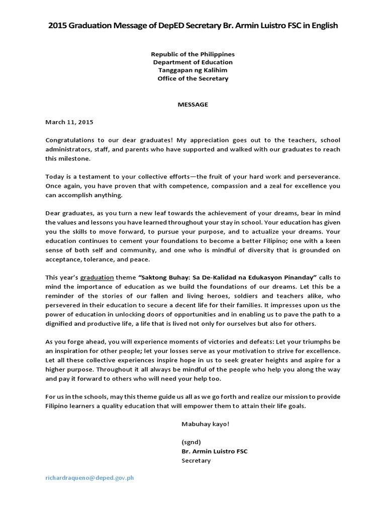 2015 Graduation Message of Deped Secretary Br. Armin Luistro FSC in ...