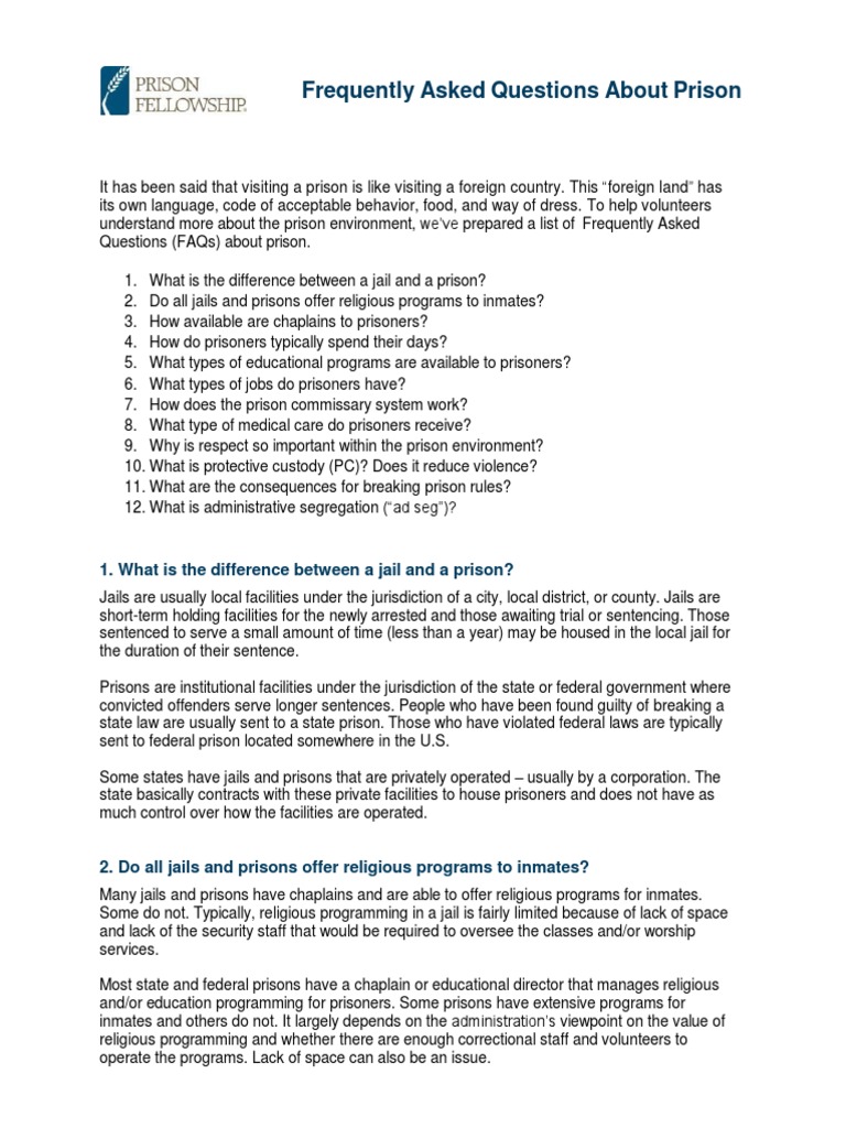 Frequently Asked Questions About Prison: 1. What Is The Difference ...