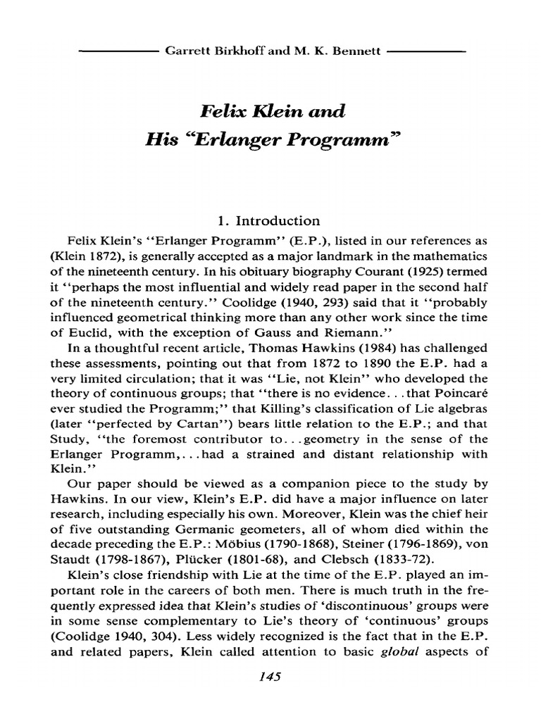 Felix Klein's Influential "Erlanger Programm | PDF | Manifold | Geometry