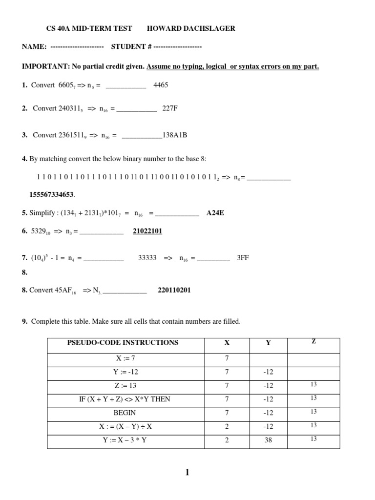 Analysis of a Computer Science Mid-Term Exam with Conversions between Number Bases, Arithmetic ...