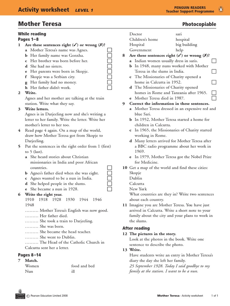 Mother Teresa: Activity Worksheet | PDF | Mother Teresa | Religion And ...