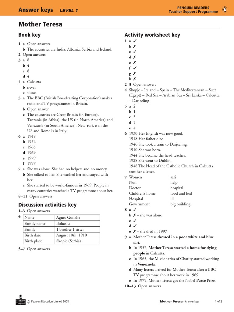 Mother Teresa: Answer Keys | PDF | Mother Teresa | Religion And Belief