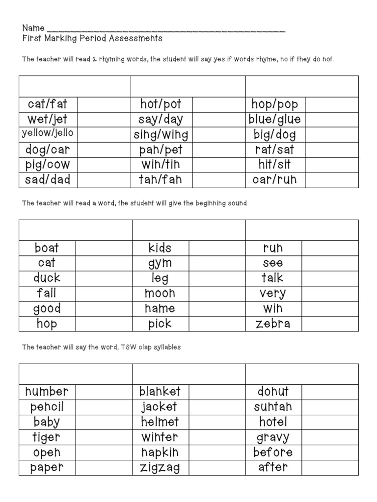 First Marking Period Rhyming Assessments | PDF