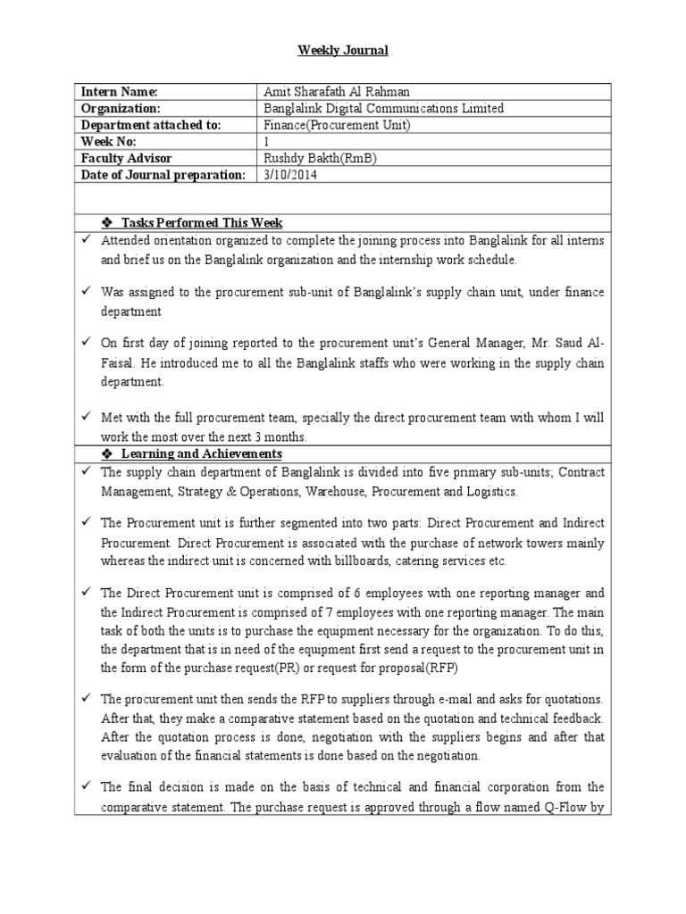 Procurement Internship Weekly Journal | PDF | Procurement | Request For ...