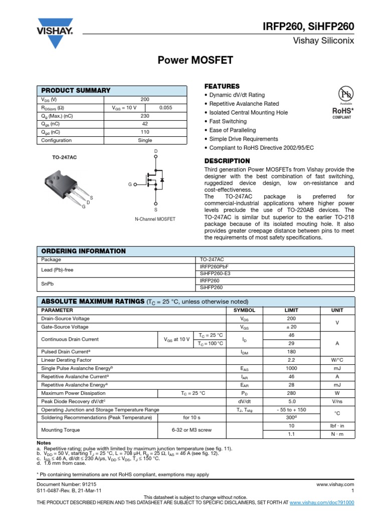 Irfp260, Sihfp260: Vishay Siliconix | PDF | Field Effect Transistor ...