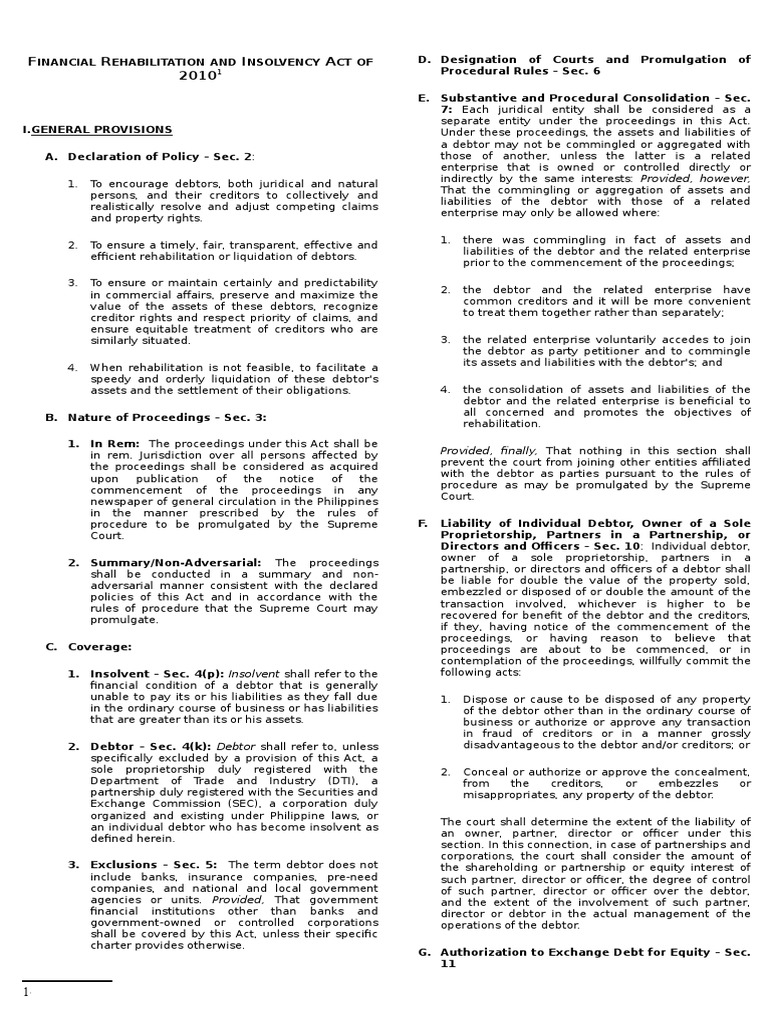 FRIA Law Reviewer | PDF | Liquidation | Bankruptcy