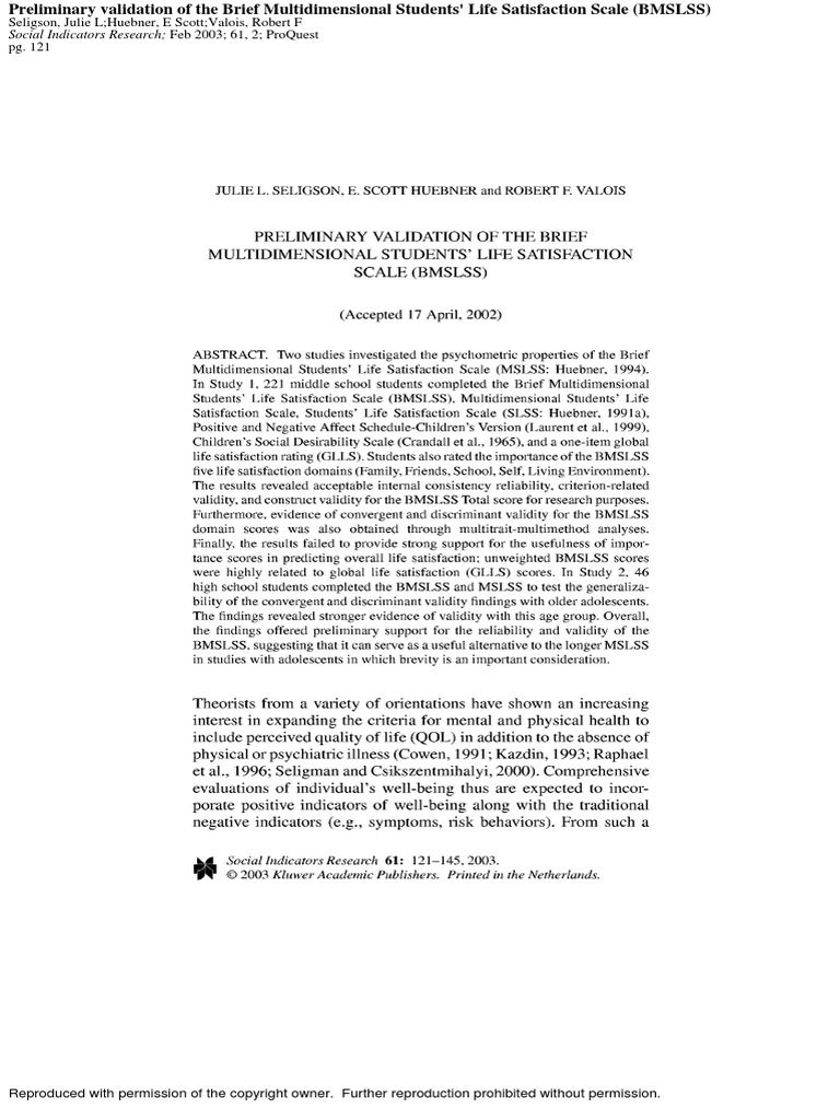 Preliminary Validation of The Brief Multidimensional Students' Life Satisfaction Scale (BMSLSS ...