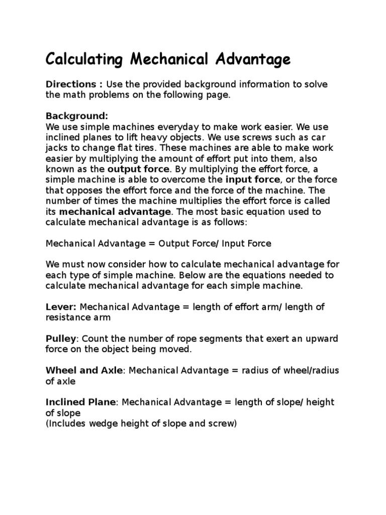 Calculating Mechanical Advantage Worksheet | PDF
