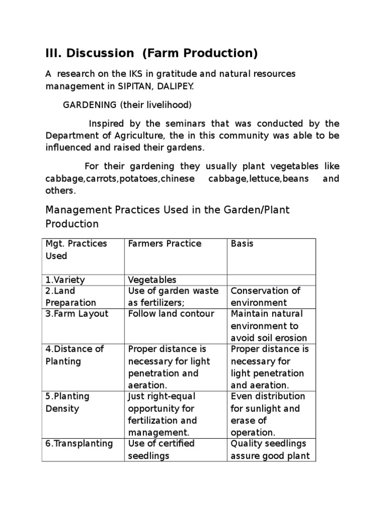 III. Discussion (Farm Production) : Management Practices Used in The ...
