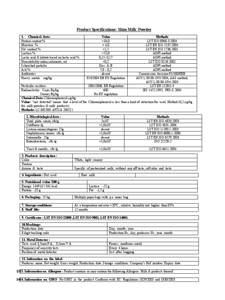 Skim Milk Powder Specifications and Data | PDF | Milk | Nutrition