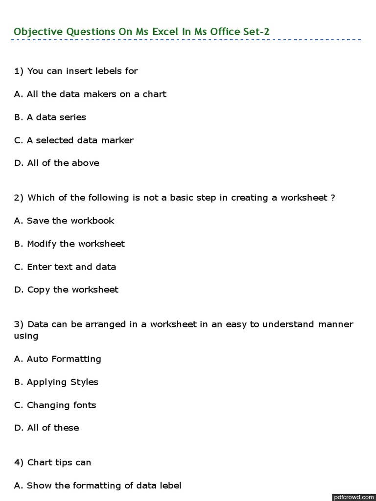 Objective Questions On Ms Excel | PDF | Microsoft Excel | Application ...