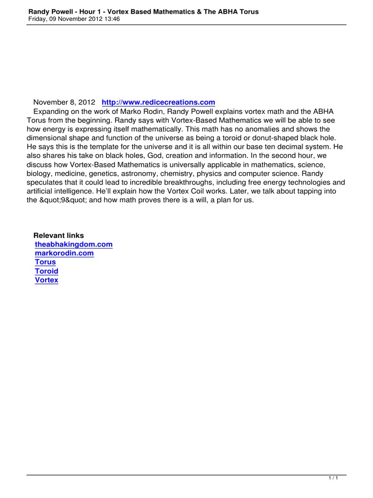 Randy Powell Hour 1 Vortex Based Mathematics A The Abha Torus | PDF