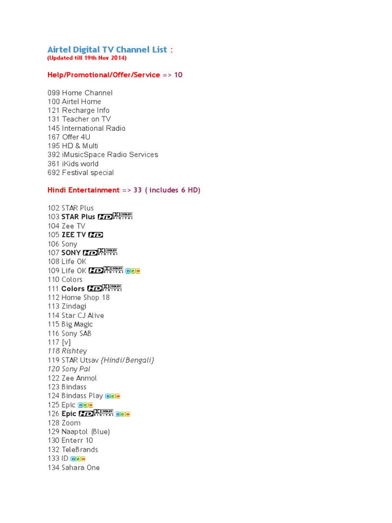 Airtel Digital TV Channel List | PDF | Cooking, Food & Wine