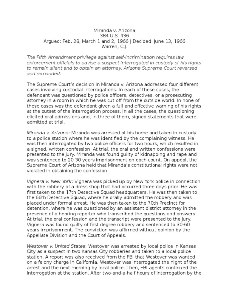 Miranda Vs Arizona | PDF | Miranda V. Arizona | Miranda Warning