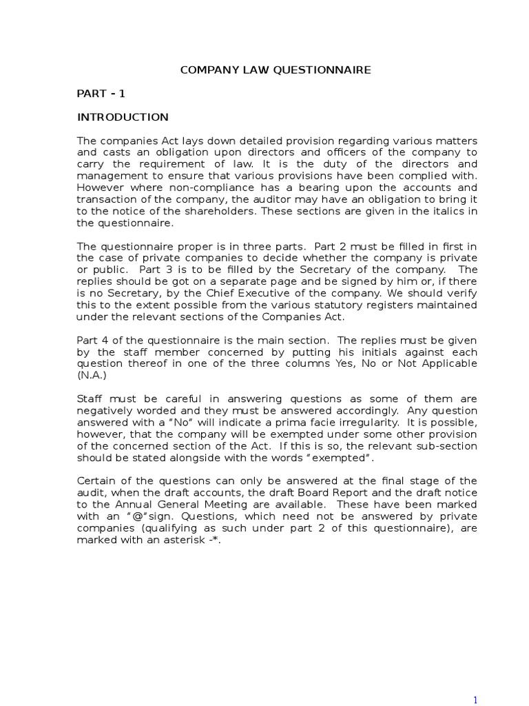 Company Law Questionnaire | PDF | Board Of Directors | Securities (Finance)
