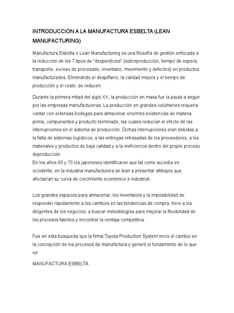Introducción A La Manufactura Esbelta | PDF | Lean Manufacturing | Calidad (comercial)
