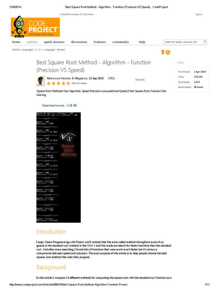 Best Square Root Method - Algorithm - Function (Precision Vs Speed) - CodeProject | PDF | Square ...