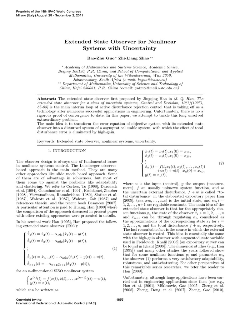 Extended State Observer For Nonlinear Systems With Uncertainty | PDF ...