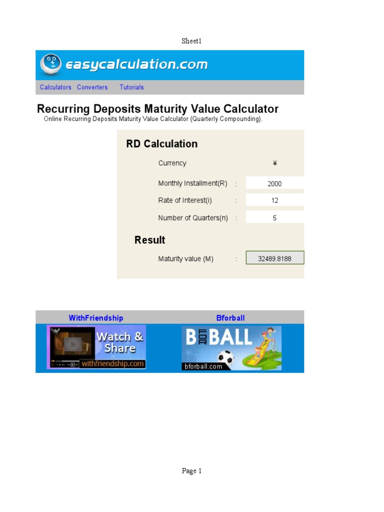 Recurring Deposits Maturity Value Calculator: RD Calculation | PDF