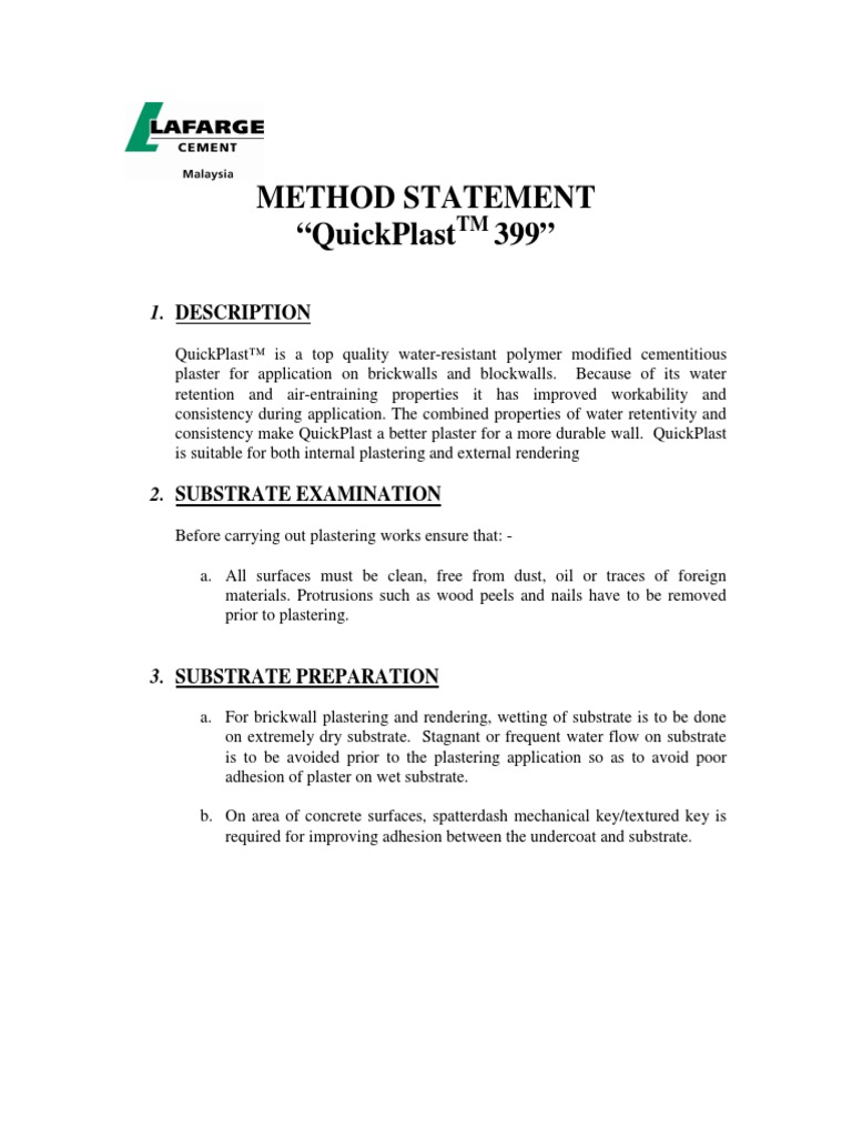 Method Statement "Quickplast 399" Skim Coat | PDF | Concrete | Materials Science